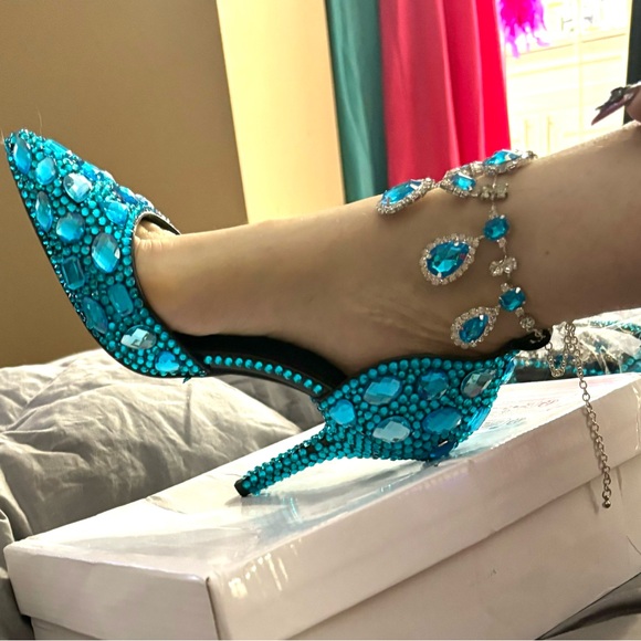 ouku | Shoes | Womans Luxurious Light Blue Crystal Wedding Heels With ...